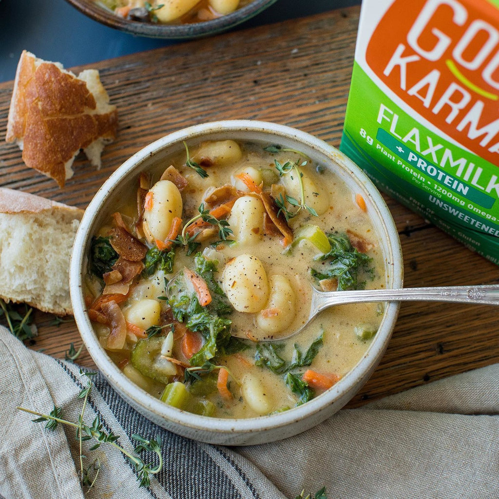 Creamy Vegetable Gnocchi Soup with Coconut Bacon – Good Karma Foods